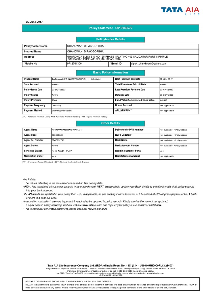 Policyholder Statement | Insurance | Banking