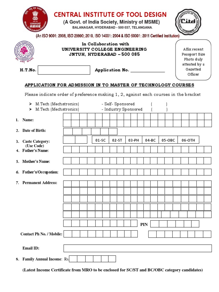 M Tech Application Form 2017 | PDF | University And College Admission ...