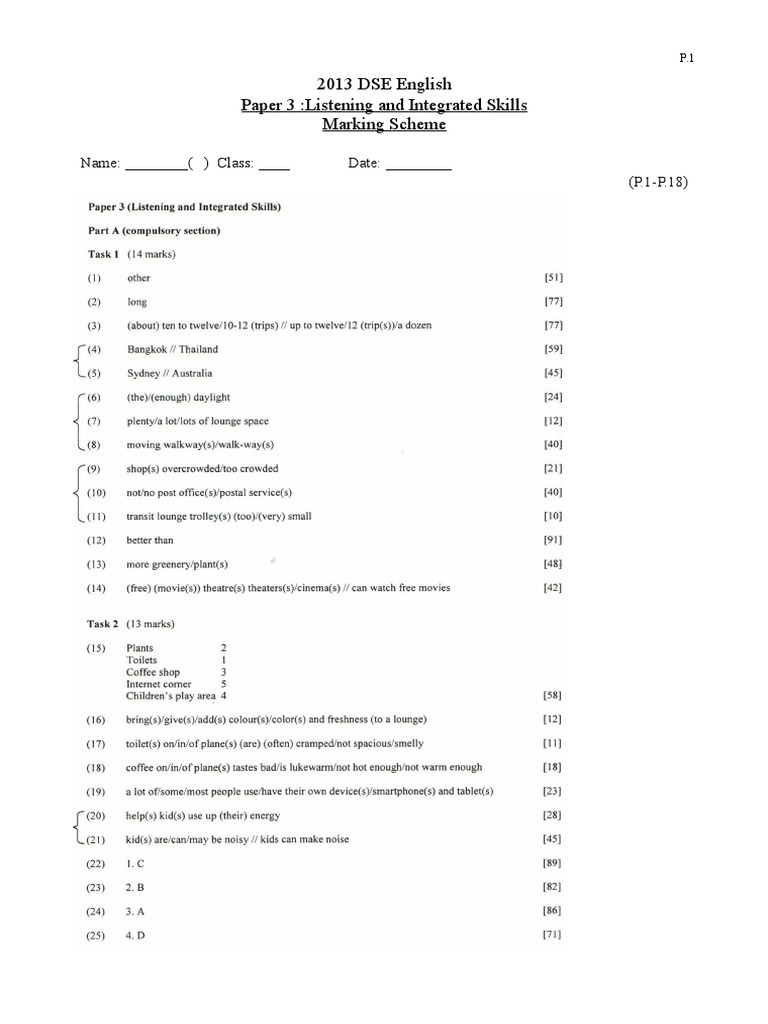 2013 DSE English Paper 3:listening and Integrated Skills Marking Scheme | PDF