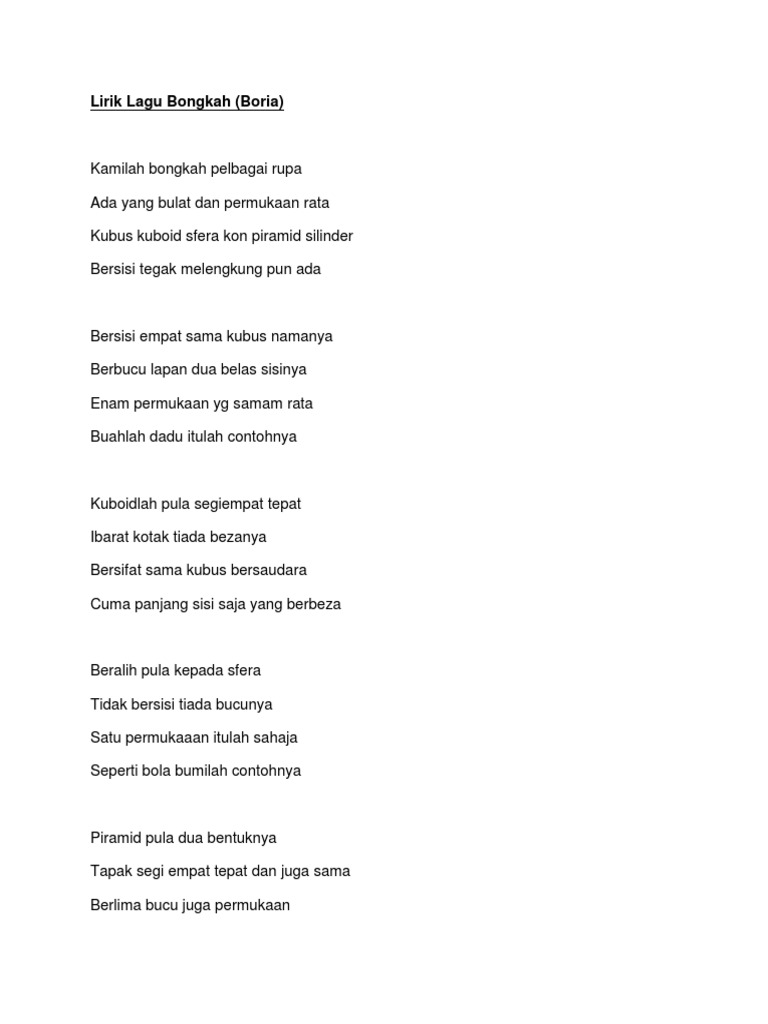 Lirik Lagu Bongkah (Boria) | PDF
