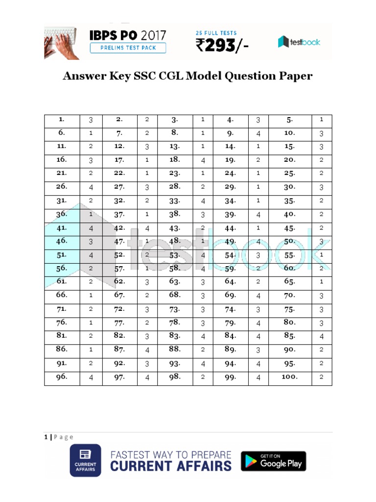 Answer Key For SSC CGL Model Question Paper Tier I 2017 | PDF | Circle ...