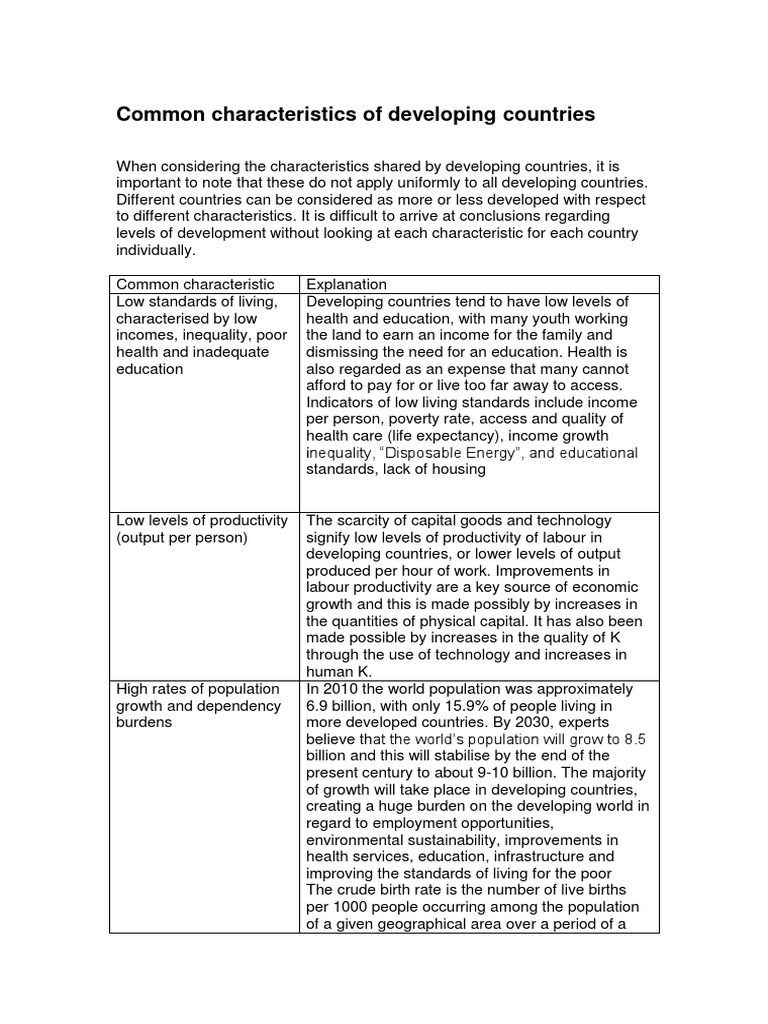 (Notes) Common Characteristics of Developing Countries | PDF ...