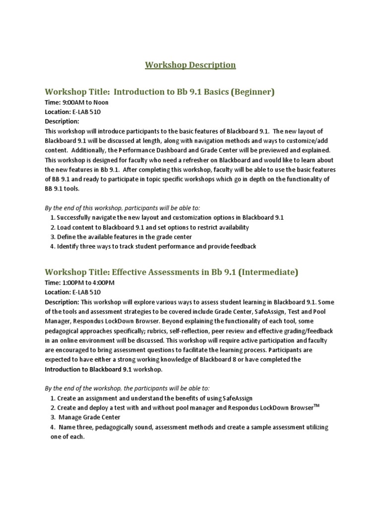 Workshop Description Workshop Title: Introduction To BB 9.1 Basics ...