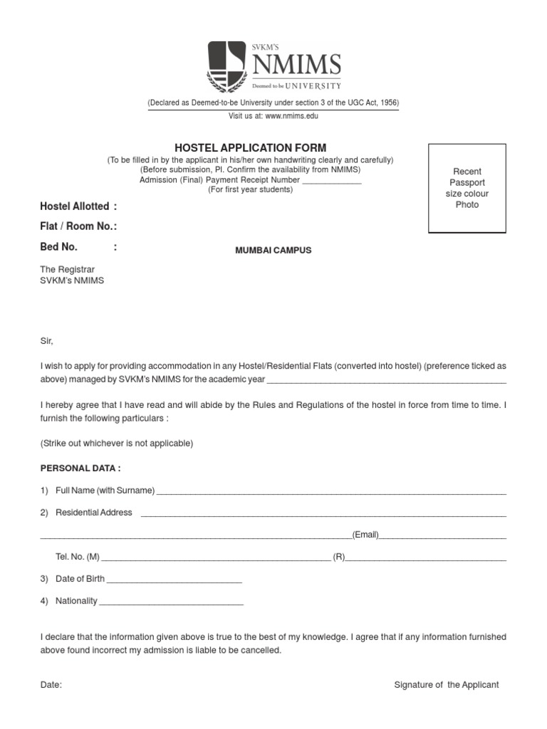 Nmims Mumbai Campus Hostel Application Form 2017 2018 | PDF | Hostel | Fee