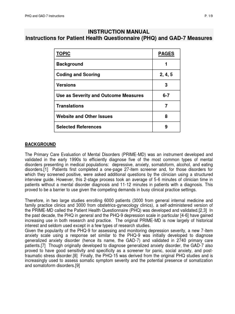 Instruction Manual Instructions For Patient Health Questionnaire (PHQ) and GAD-7 Measures ...
