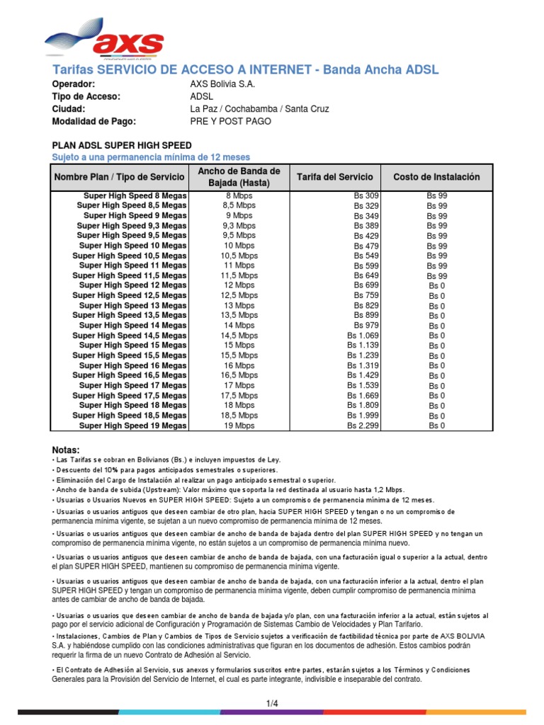 Form Tarifas Del Servicio de Acceso A Internet - Banda Ancha ADSL - 2 ...