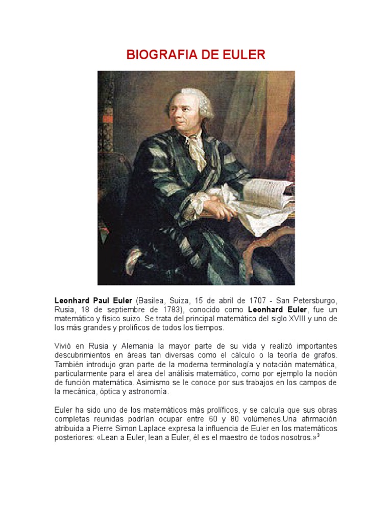 Biografia de Euler Tarea de Ecuas | PDF | Leonhard Euler | Enseñanza de ...