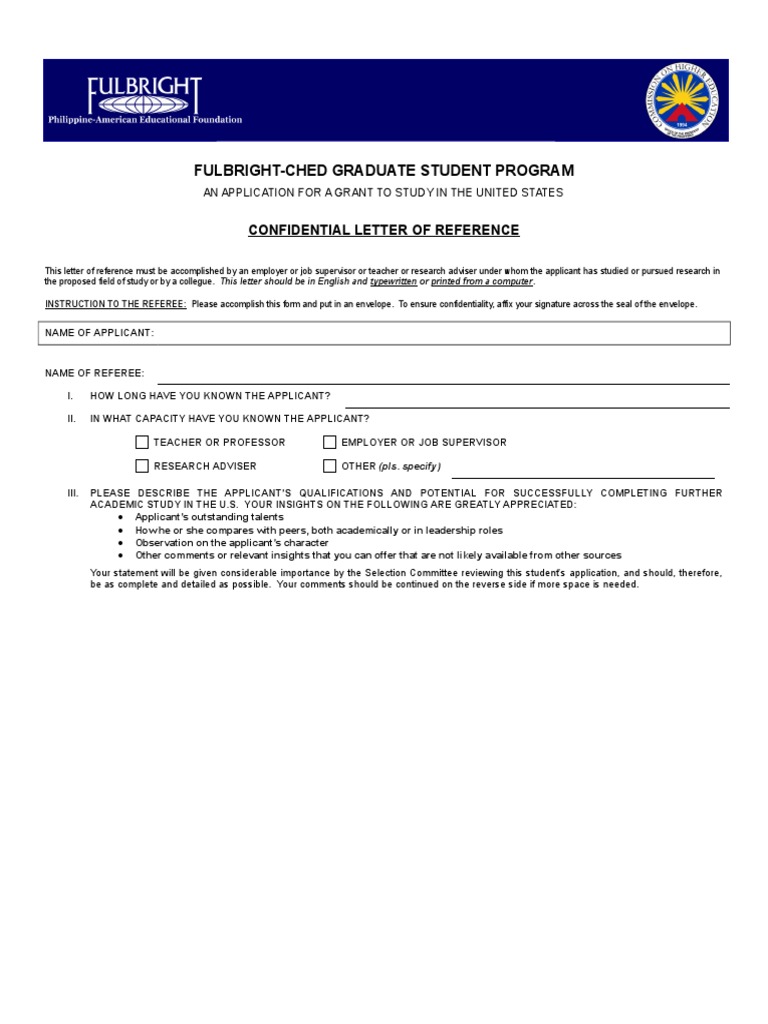 Fulbright-Ched Graduate Student Program: Confidential Letter of ...