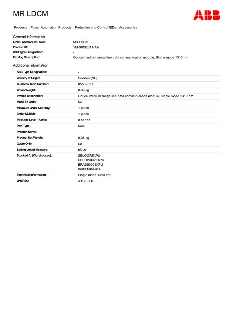 1MRK002311 AA Optical Medium Range Line Data Communication Module ...