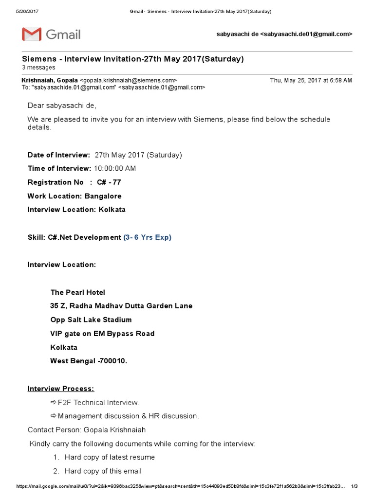 Gmail - Siemens - Interview Invitation-27th May 2017 (Saturday) | PDF