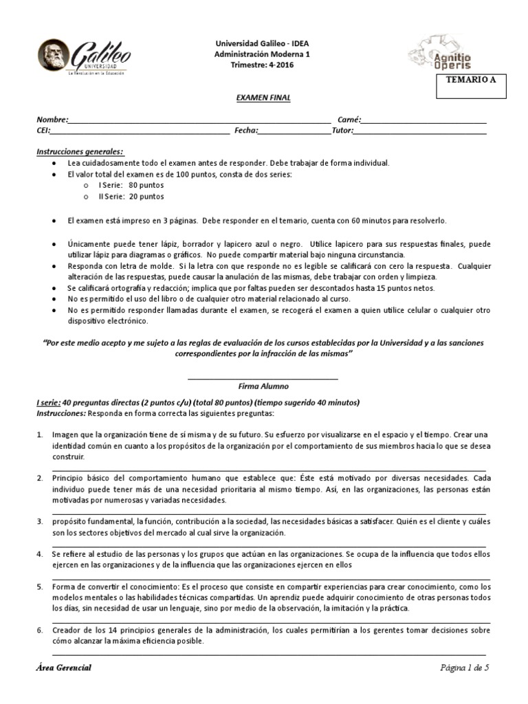 Examen Final Admin Moderna 1 | PDF | Comportamiento organizacional | Conocimiento