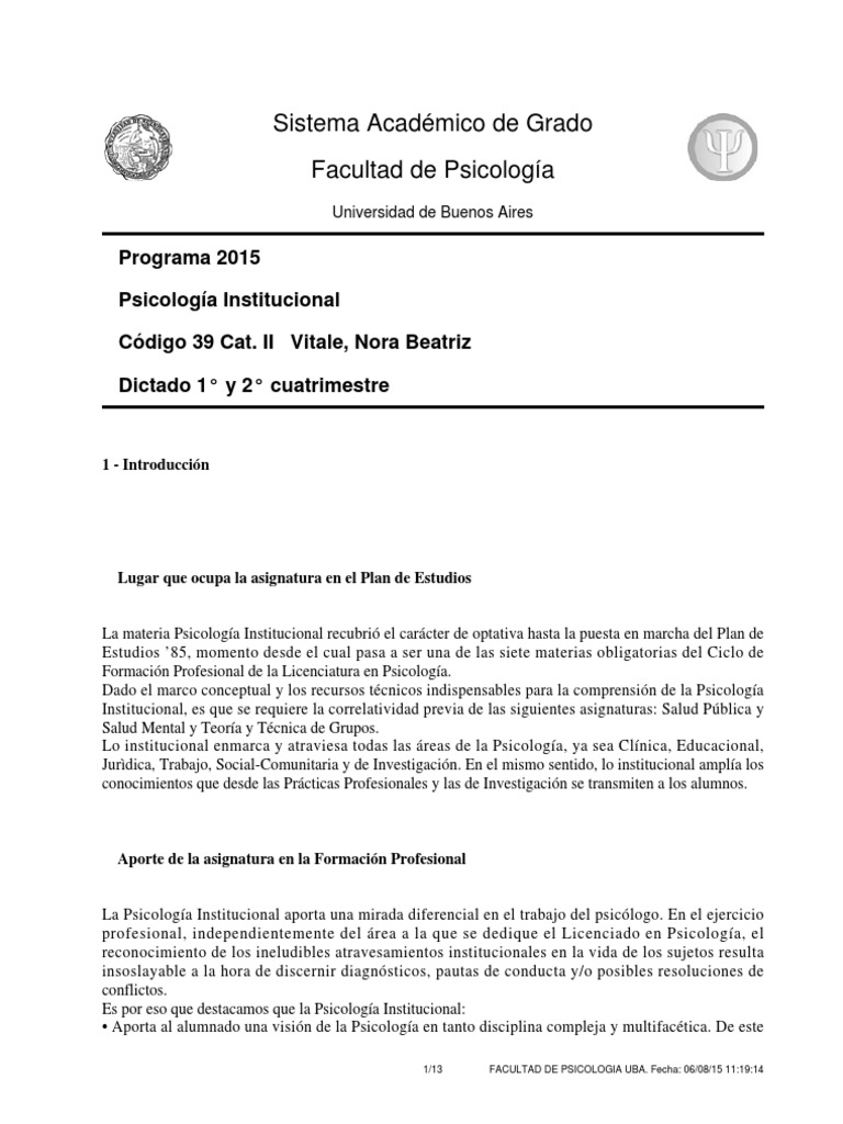 Programa Institucional PSI UBA | PDF | Psicoanálisis | Sicología