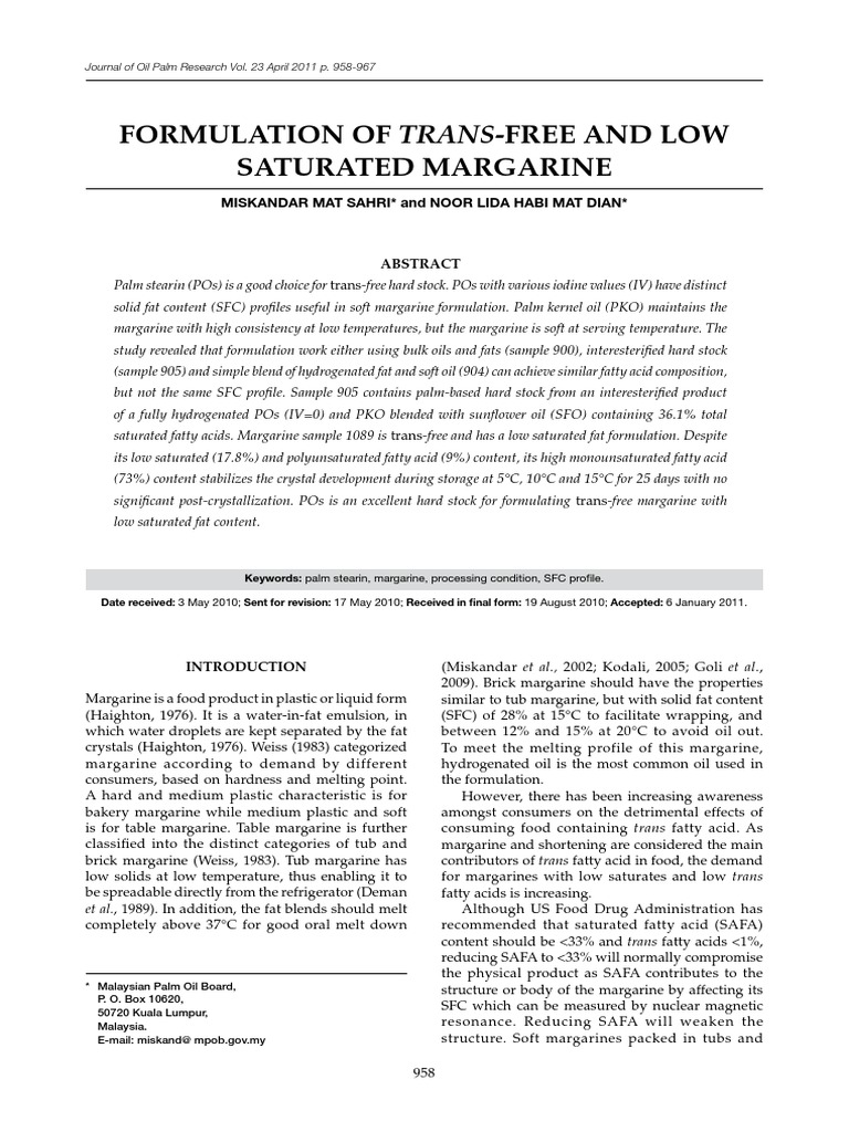 Formulation of Trans Free and Low Saturated Margarine | PDF | Margarine ...