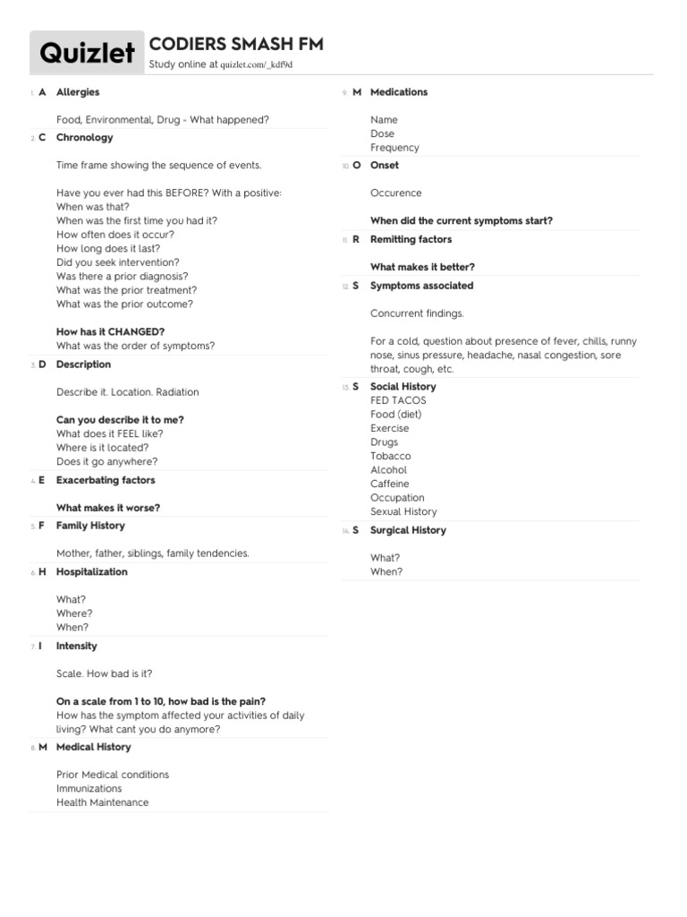 CODIERS SMASH FM | Quizlet | Rtt | Health Care
