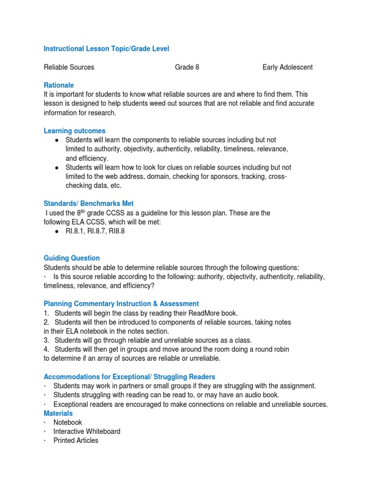 Reliablesources 2 | PDF | Lesson Plan | Behavior Modification