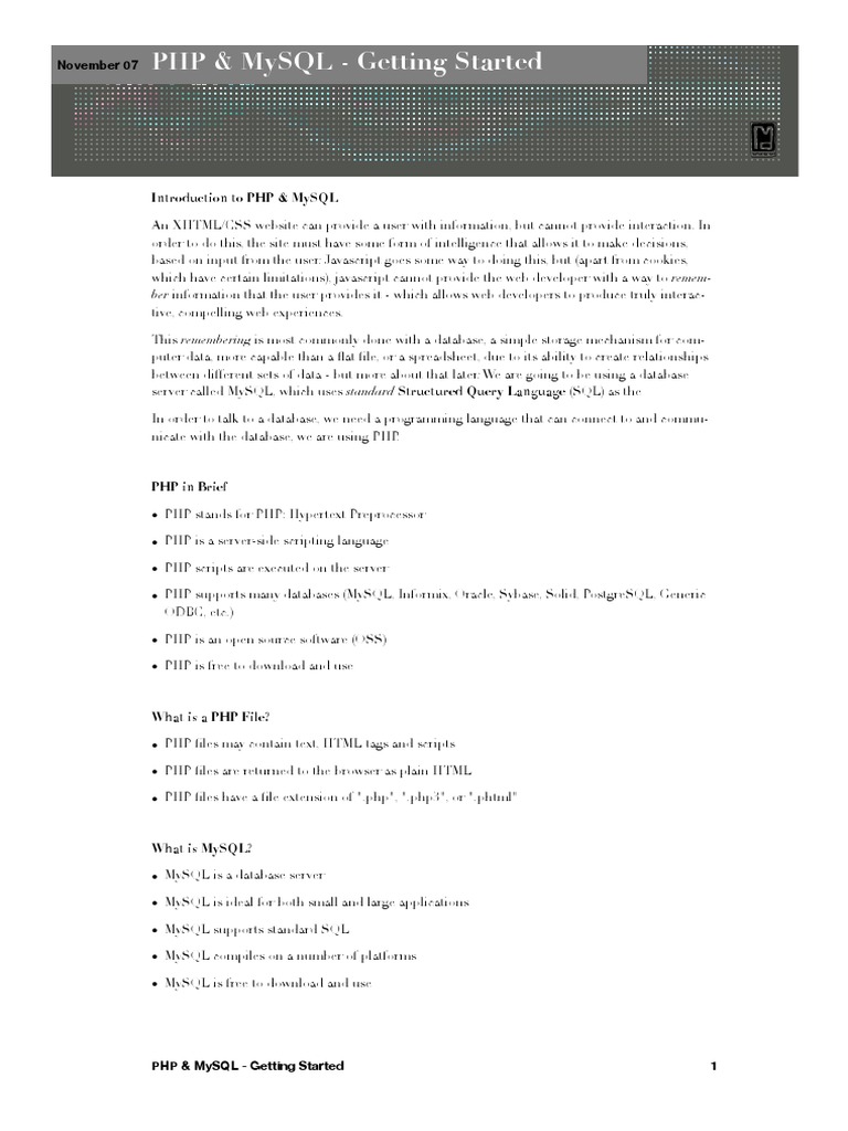 01 PHP MySQL Getting Started Notes PDF | PDF | Php | My Sql 01 PHP MySQL Getting Started Notes PDF | PDF | Php | My Sql