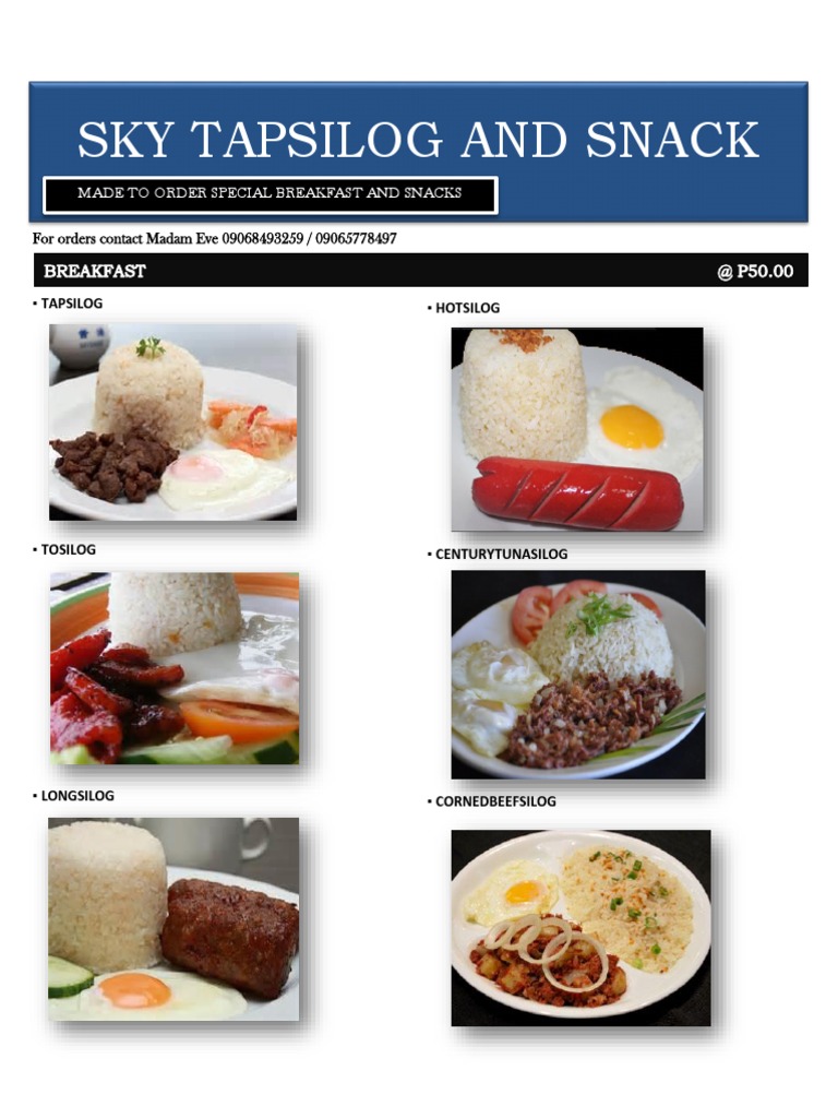 Sky Tapsilog and Snack: Made To Order Special Breakfast and Snacks | PDF