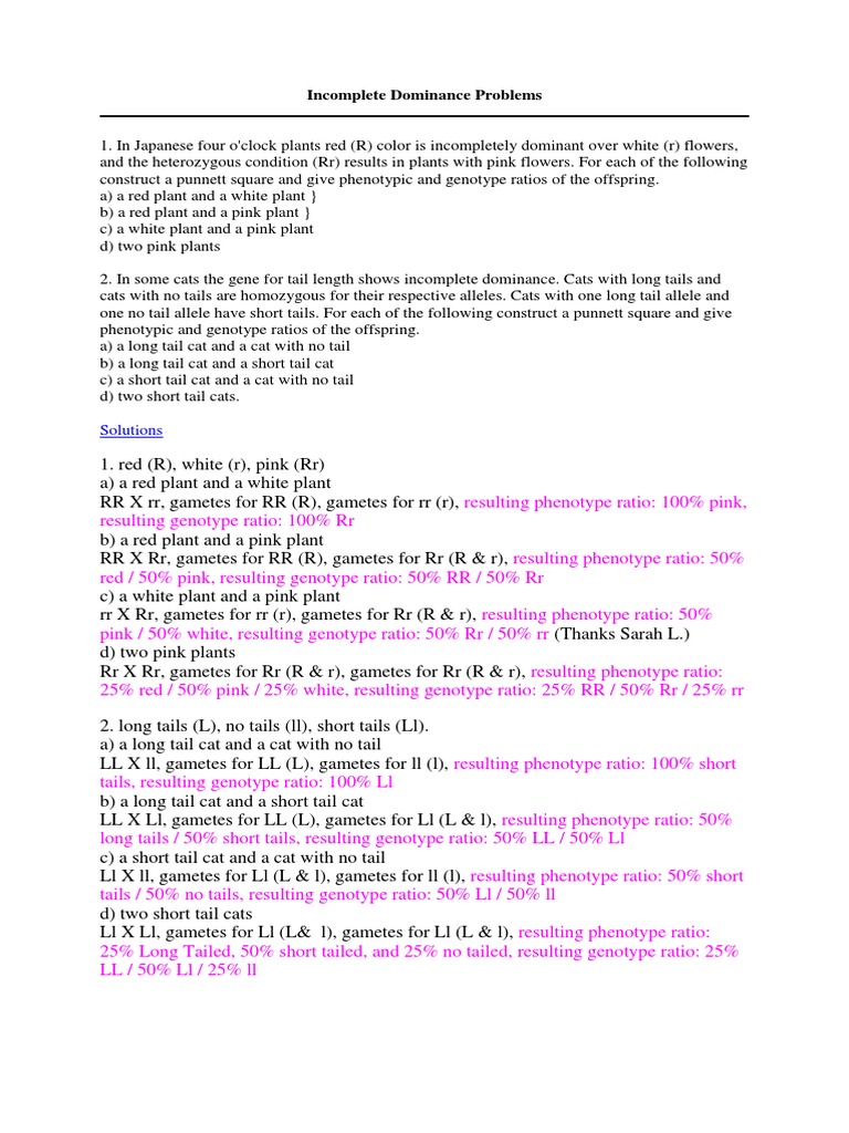 Incomplete Dominance Problems | PDF | Dominance (Genetics) | Zygosity