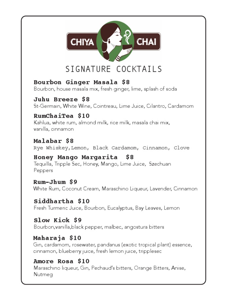 Chiya Chai Cocktail Menu | PDF