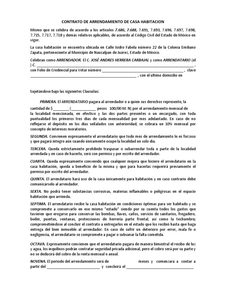 Contrato De Arrendamiento De Casa Habitacion Pdf Gobierno