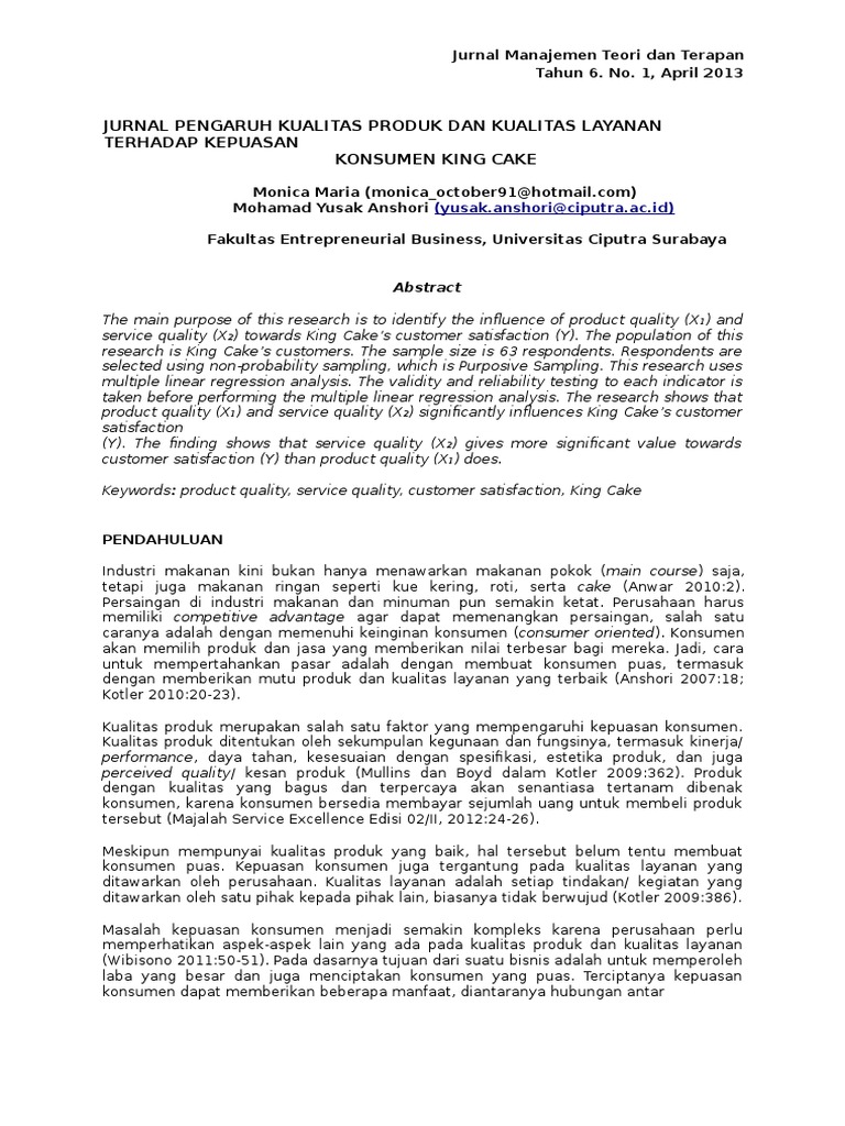 (Kualitatif) Pengaruh Kualitas Produk Dan Kualitas Layanan Terhadap Kepuasan Konsumen | PDF