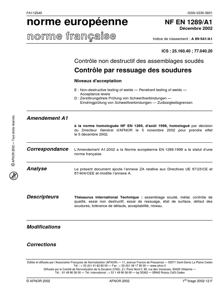 NF EN 1289-A1 | Directive (Union européenne) | Référence
