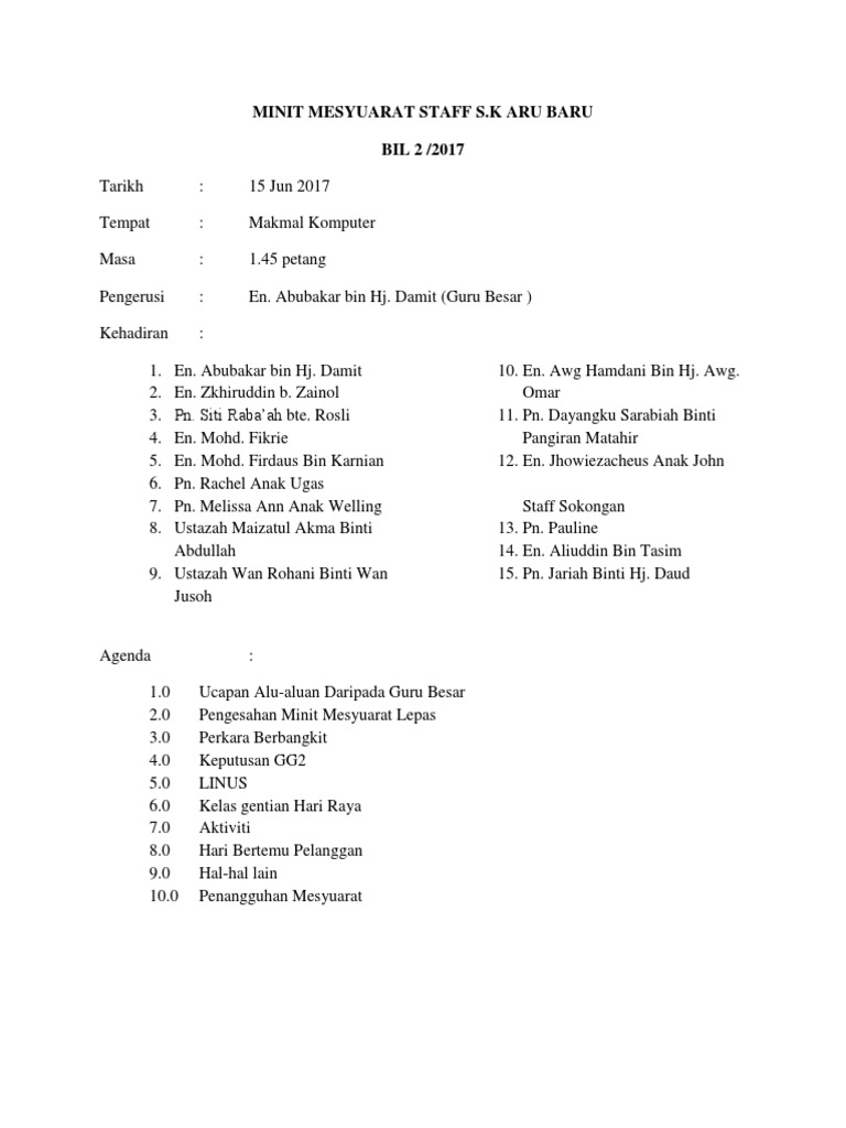 Minit Mesyuarat Staff Ke 2 2017 SKAB | PDF