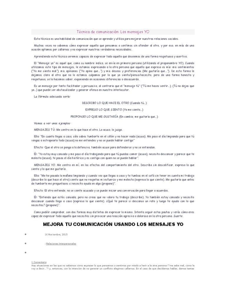 Técnica de Comunicación. Mensajes Yo | PDF | Ciencias del ...