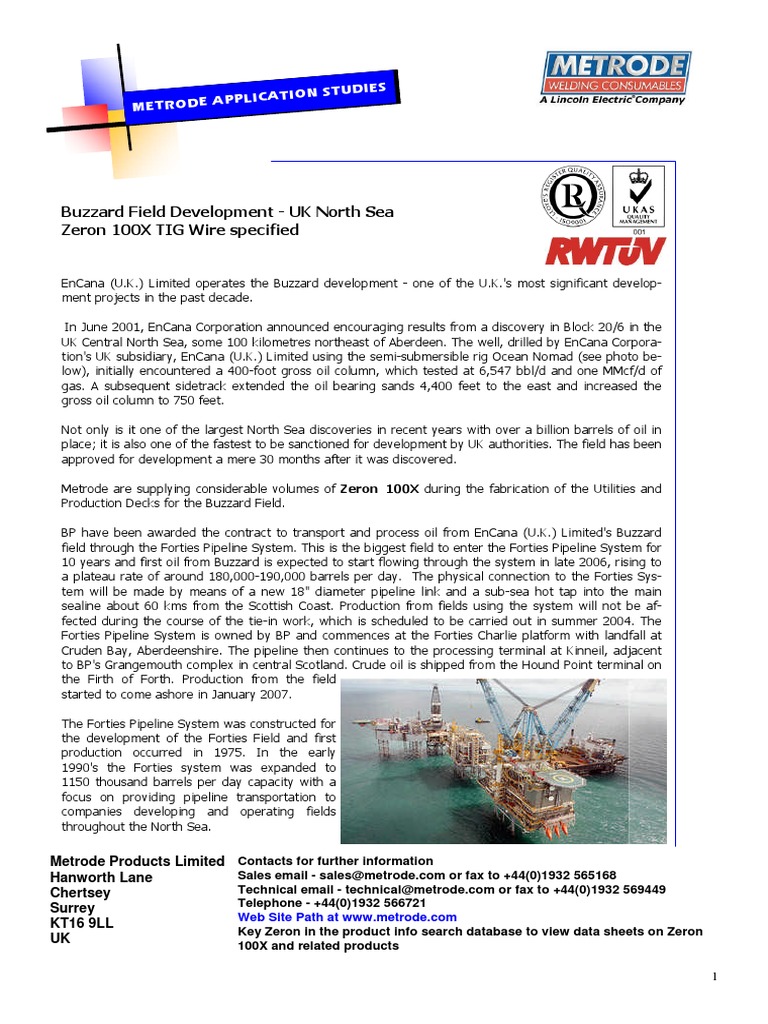 Buzzard Field Development - UK North Sea Zeron 100X TIG Wire Specified ...