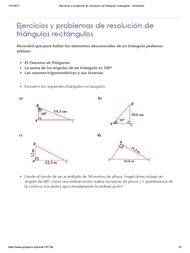Ejercicios y Problemas de Resolución de Triángulos Rectángulos