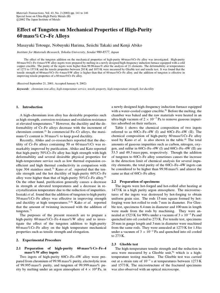 Effect of Tungsten On Mechanical Properties of High-Purity 60 mass%Cr ...