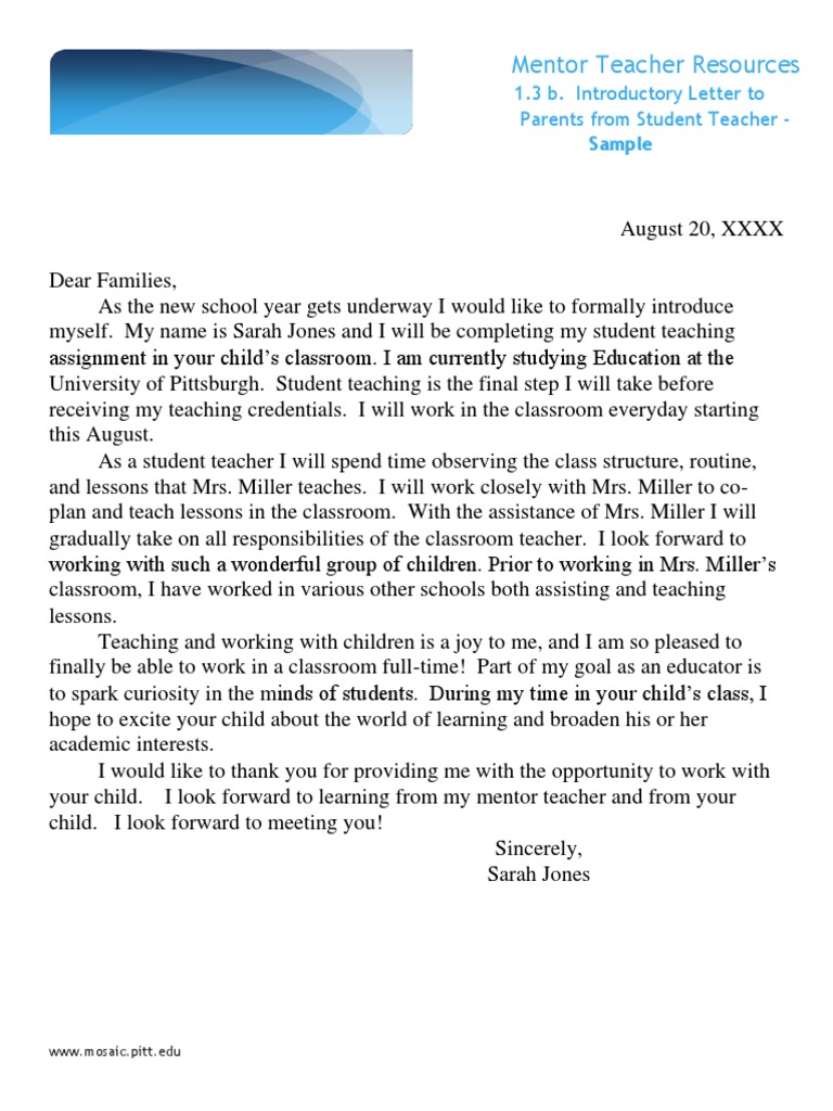 1.3 B Sample Introductory Letter To Parents Student Teacher | PDF ...