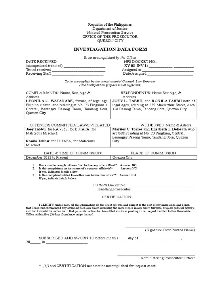 Investigation Data Form | Prosecutor | Complaint