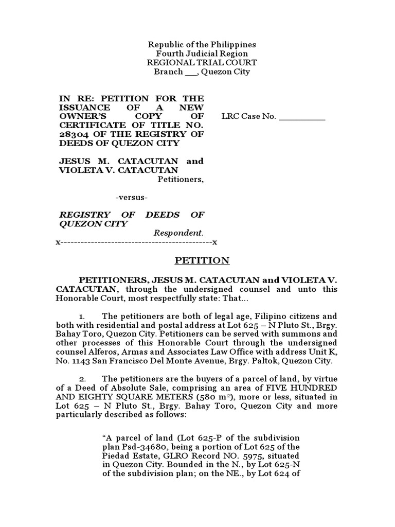 Petition - Catacutan (Issuance of New Owner's Copy) | Download Free PDF ...