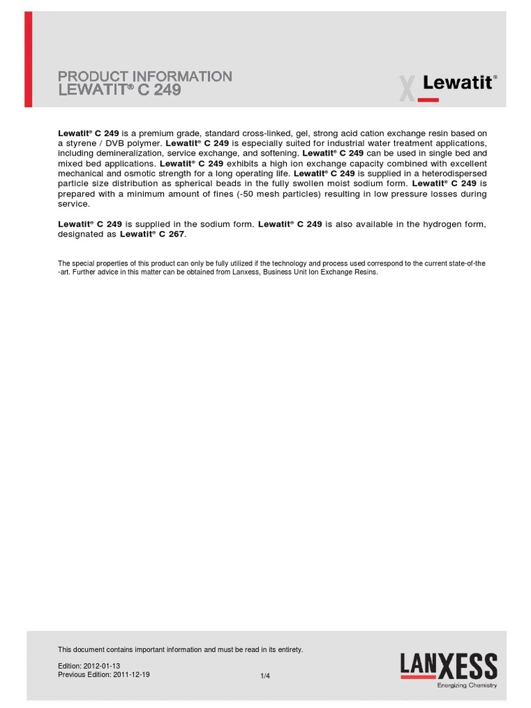 Lewatit C249 | PDF | Ion Exchange | Chemical Substances