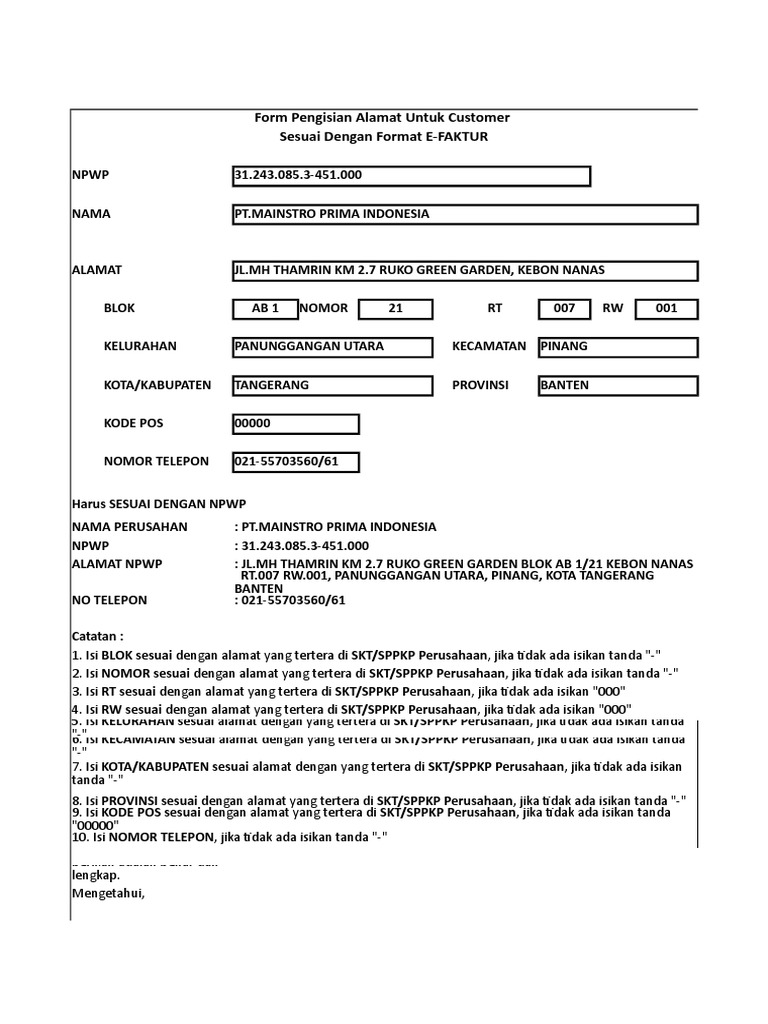 Form Pengisian Alamat e Faktur Baru | PDF