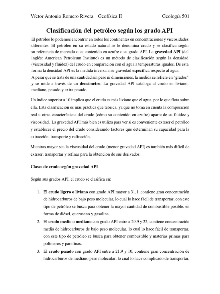 Tipos de Petróleo Crudo Según Grado API | Petróleo | Química | Prueba ...