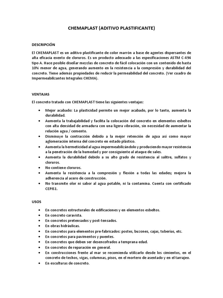 Aditivo Plastificante CHEMAPLAST para Concreto | PDF | Hormigón | Cemento