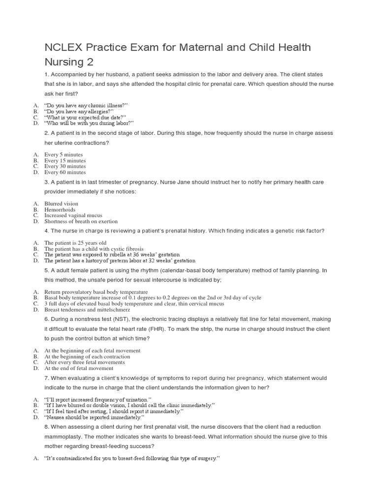 PNLE NCLEX Practice Exam For Maternal and Child Health Nursing 2 | PDF ...