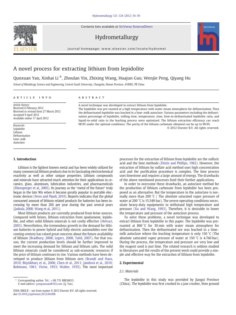 A Novel Process For Extracting Lithium From Lepidolite 2012 ...