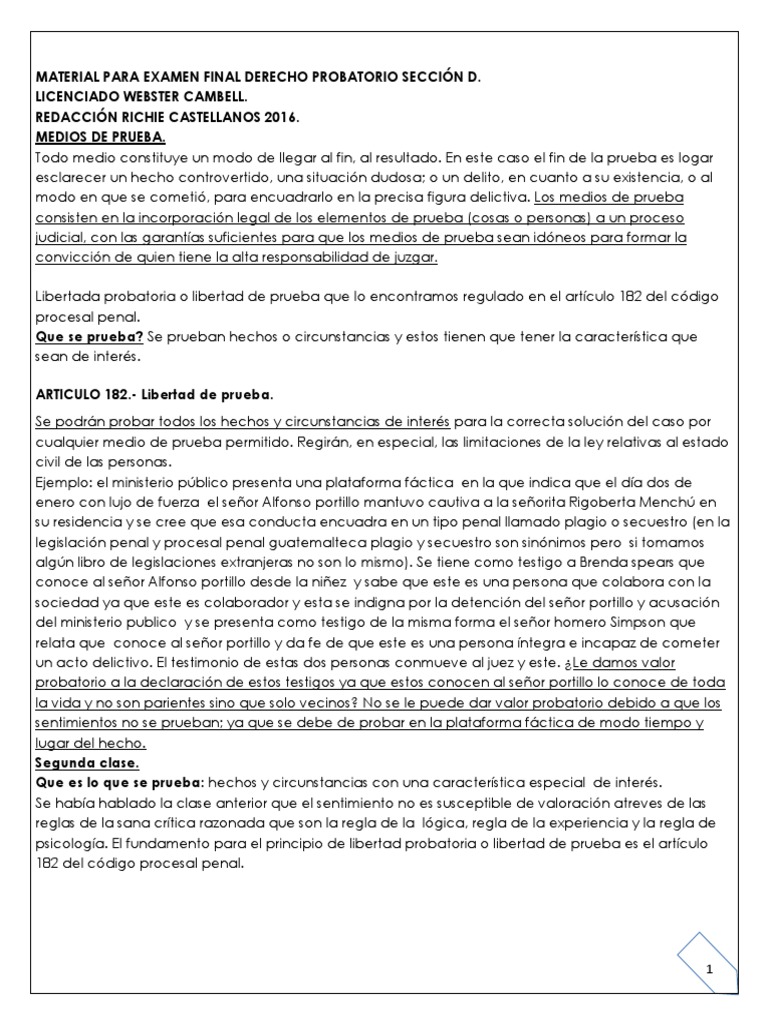 Material para Examen Final Derecho Probatorio Sección D | PDF | Testigo ...