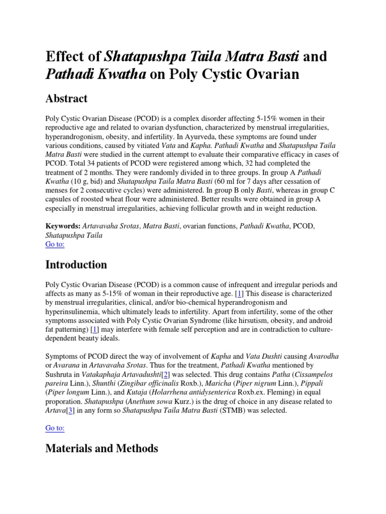 Effect of Shatapushpa Taila Matra Basti and Pathadi Kwatha On Poly ...