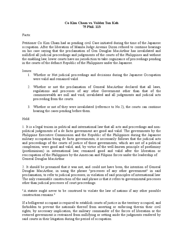 Co Kim Cham vs. Valdez Tan Keh, 75 Phil 113 | PDF | Judgment (Law) | Jurisdiction