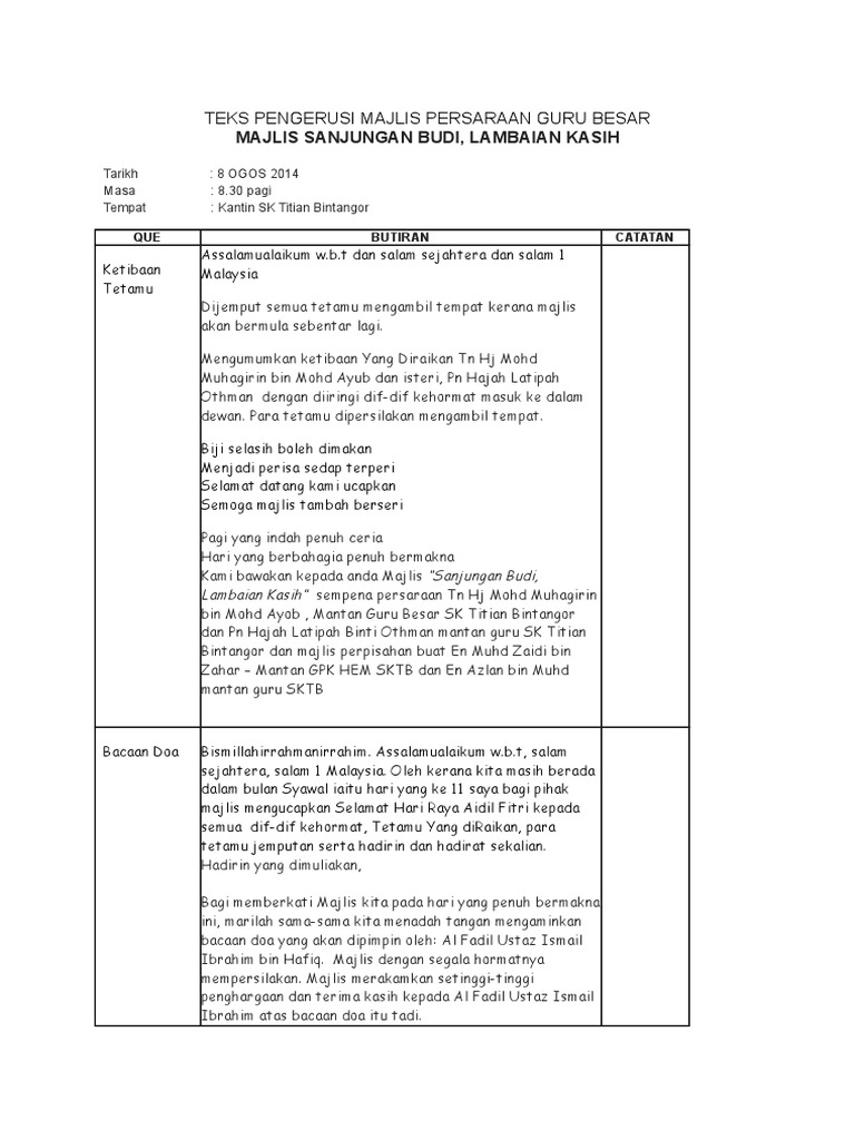 Teks Majlis Persaraan Guru Besar en Muhagirin | PDF