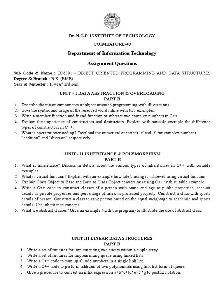 OOPS DS Assignment Questions | PDF | C++ | Subroutine