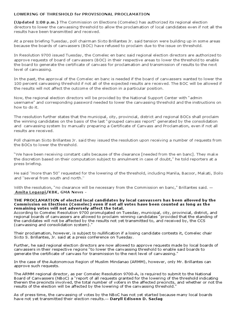 Lowering of Threshold | PDF | Commission On Elections (Philippines ...