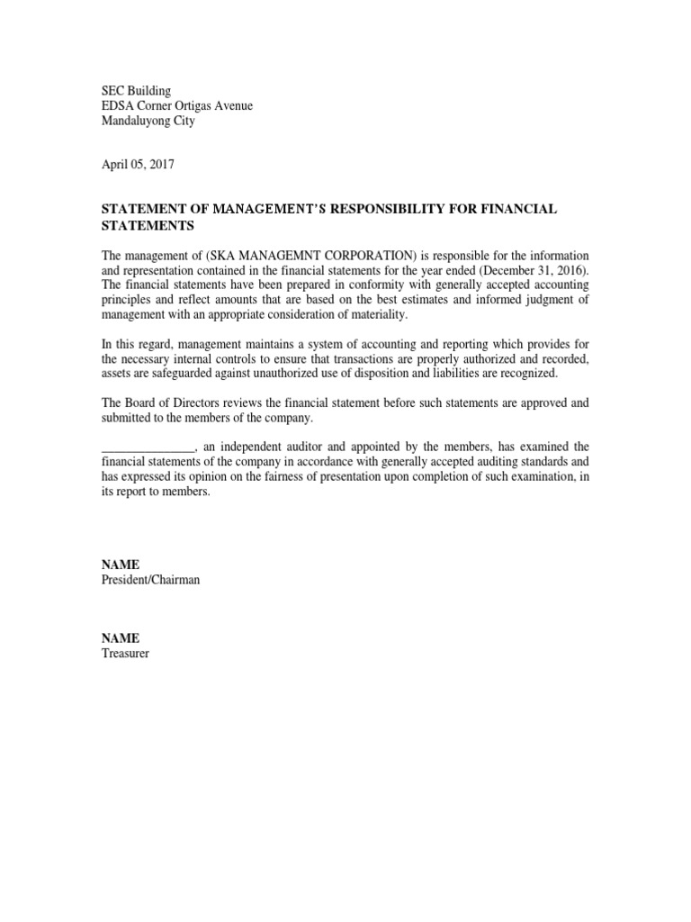 Statement of Management's Responsibility For The Financial Statements ...