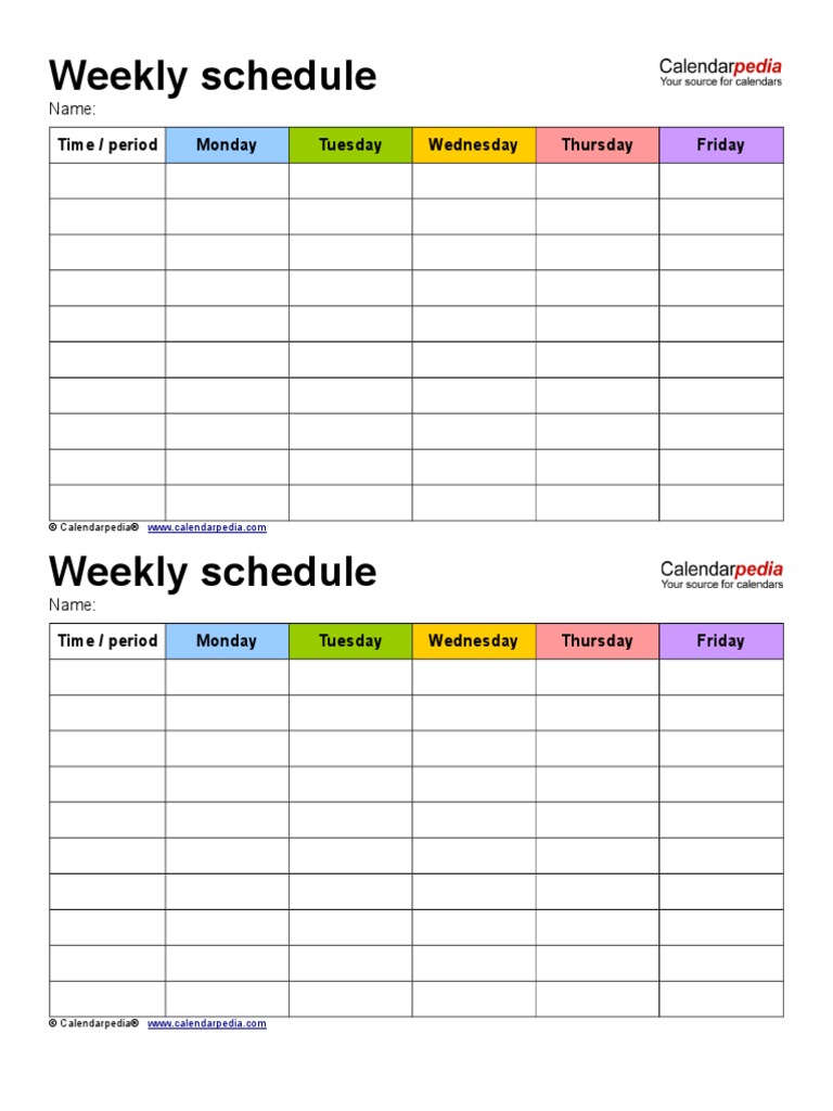 Weekly Schedule Monday To Friday 2 On 1 Page in Color | PDF