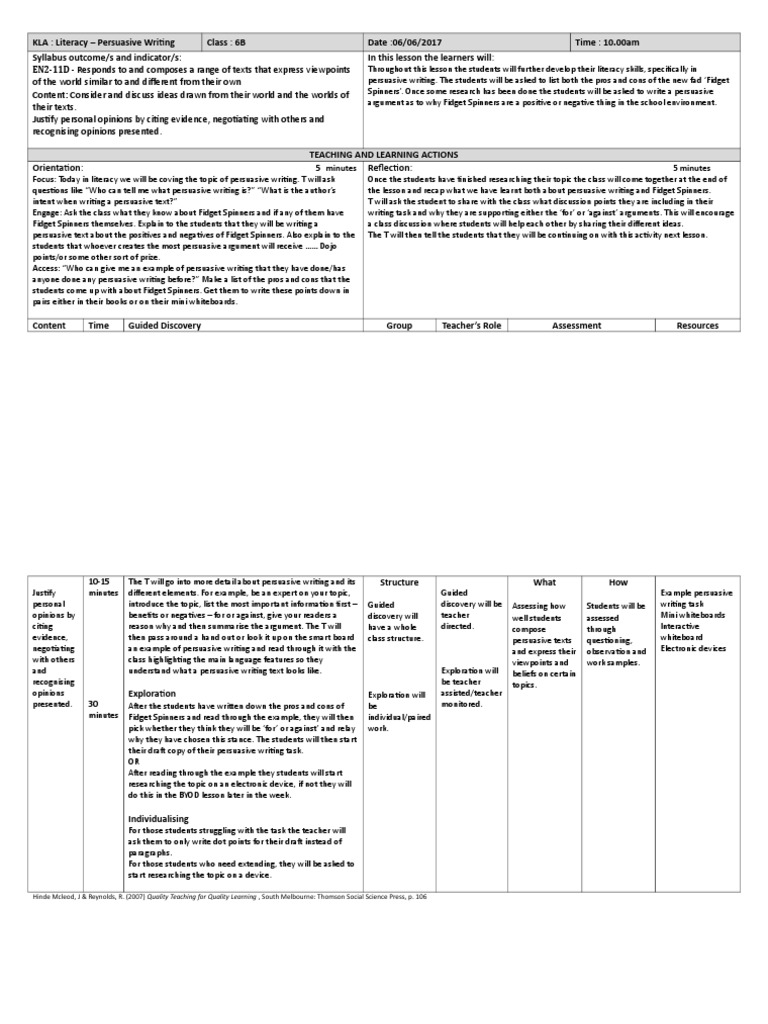 Oger Lesson Plan - Literacy | PDF | Argument | Lesson Plan
