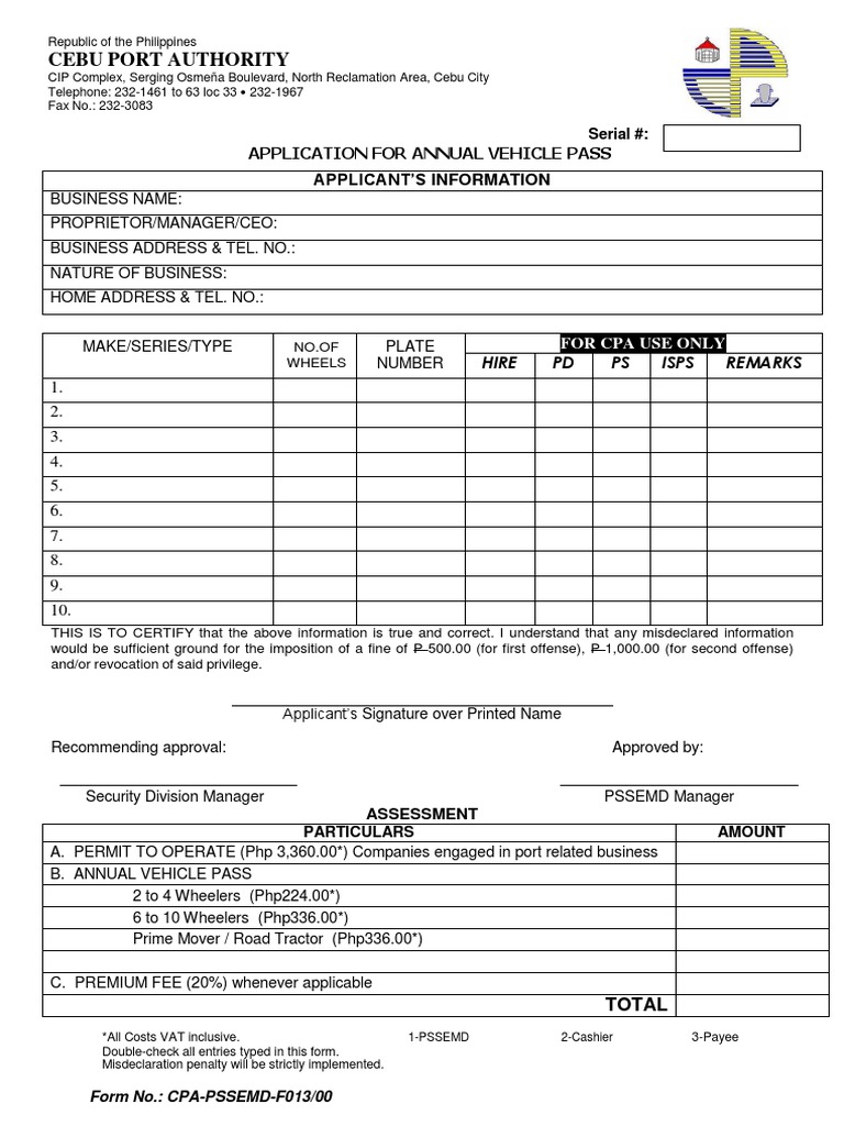 Annual Vehicle Pass Application Form | PDF